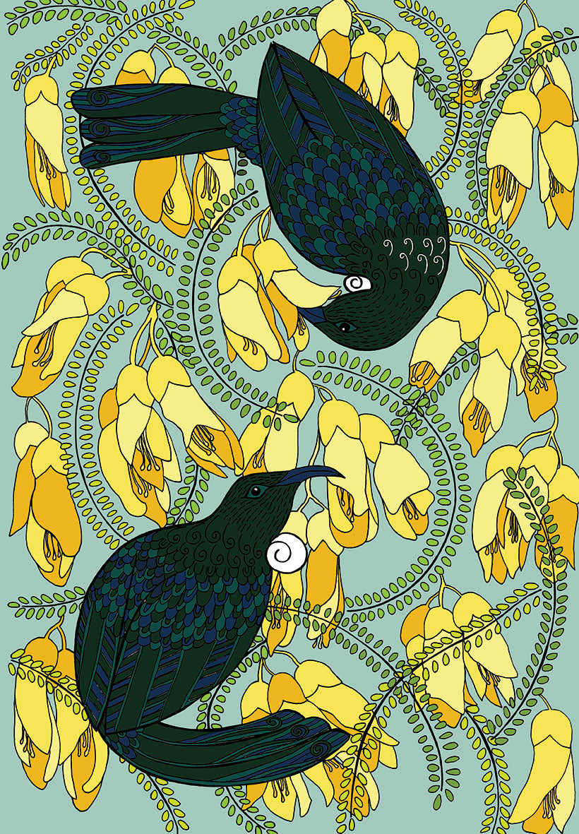 NZ Tui In Kowhai with blue background – Lianne Adams Art